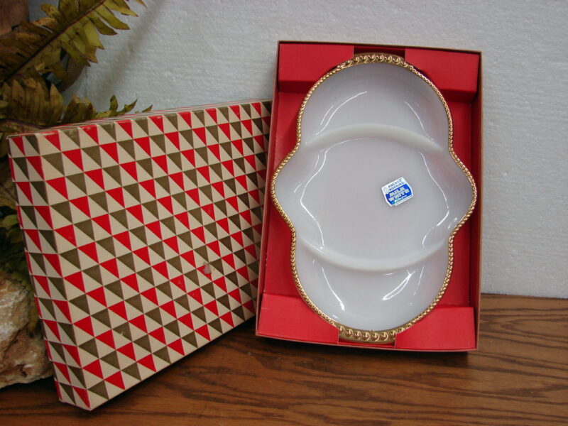 Vintage Anchor Hocking Milk Glass Gold Trim Divided Dish Original Box ...