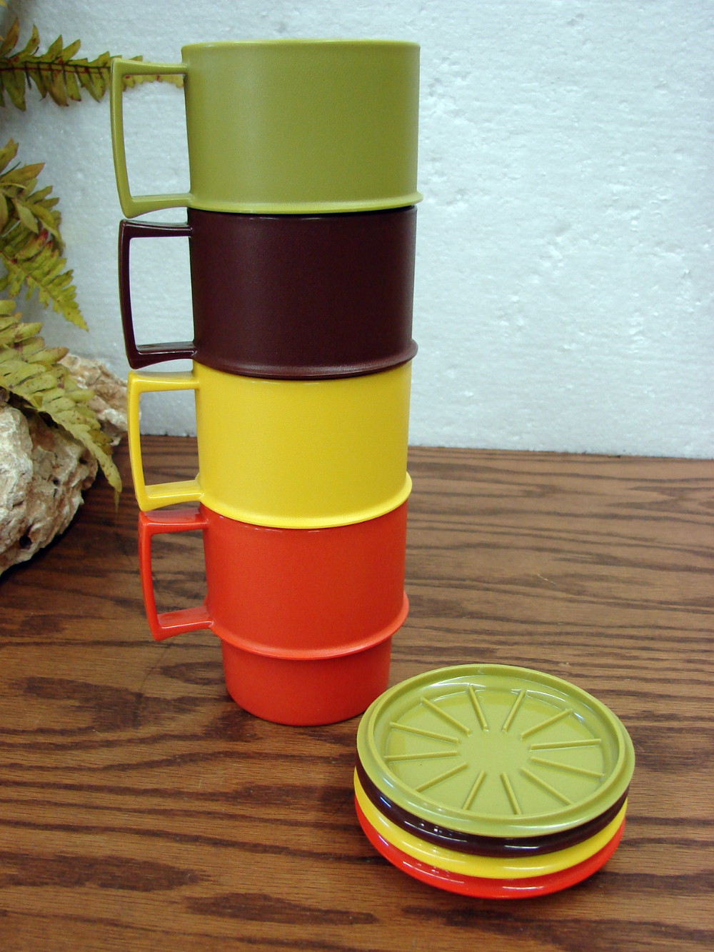Set/4 Vintage Tupperware #1312 Stacking Mugs w/ Lids/Coasters Harvest ...